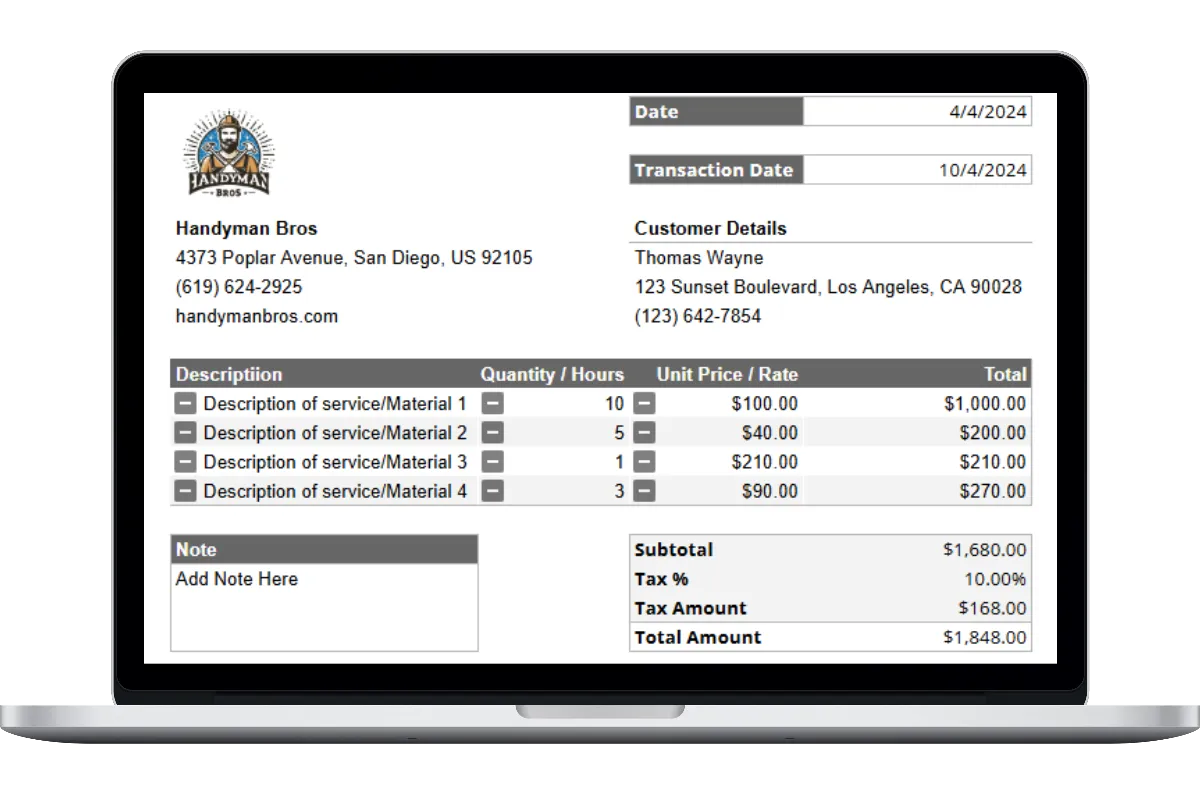 Handyman Receipt Template - Housecall Pro